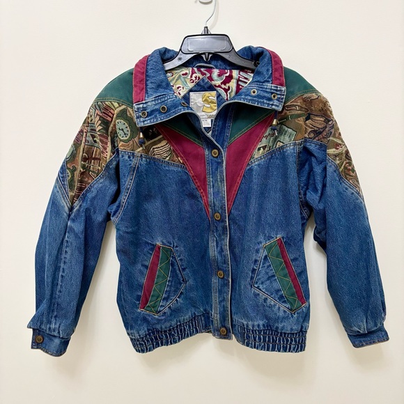 Vintage | Jackets & Coats | Vintage 8s 90s Color Block Denim Bomber ...